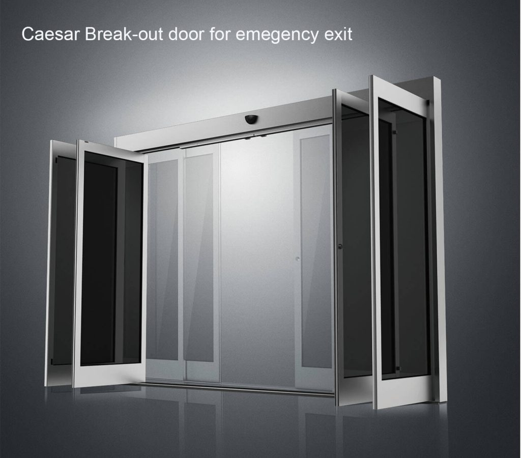 Automatic sliding break-out doors for emergency exit